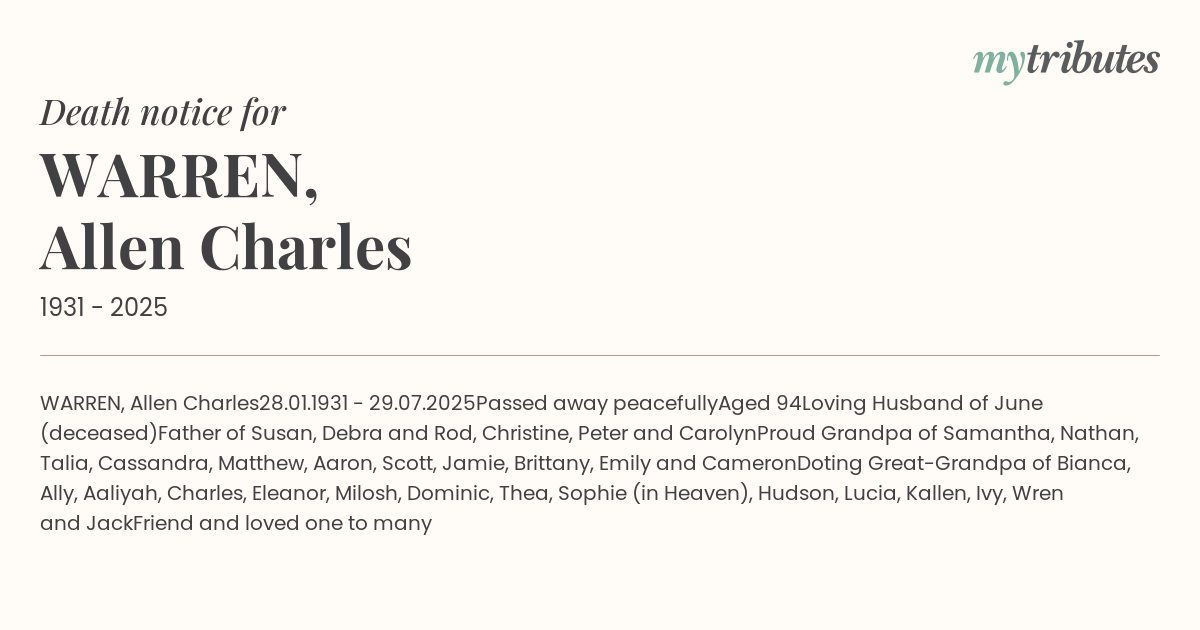 WARREN, Allen Charles | Death Notices | Adelaide | My Tributes