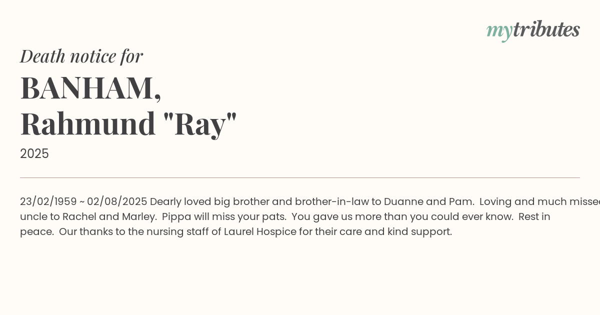 BANHAM, Rahmund "Ray" | Death Notices | Adelaide | My Tributes