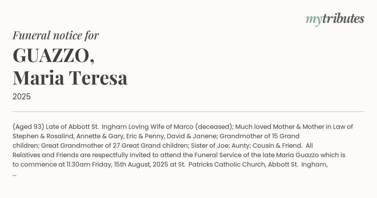 GUAZZO, Maria Teresa | Funeral Notices | Townsville | My Tributes
