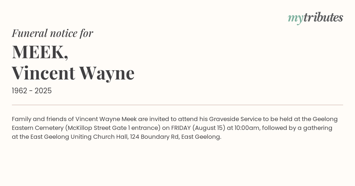 MEEK, Vincent Wayne | Funeral Notices | Geelong | My Tributes