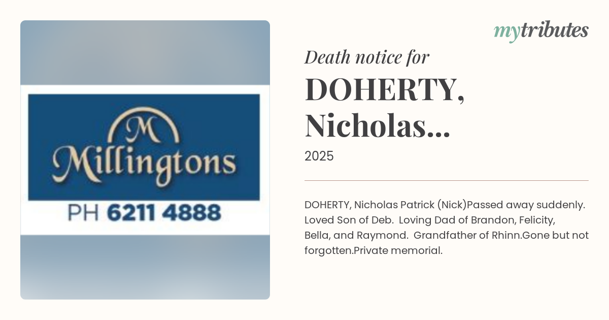 DOHERTY, Nicholas Patrick (Nick) | Death Notices | Tasmania | My Tributes