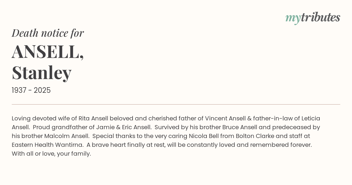 ANSELL, Stanley | Death Notices | Melbourne | My Tributes