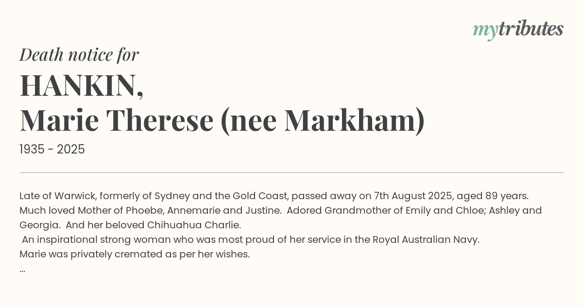 HANKIN, Marie Therese (nee Markham) | Death Notices | Brisbane | My ...