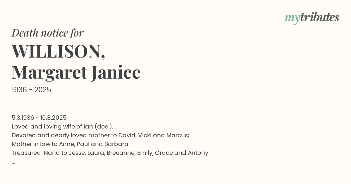WILLISON, Margaret Janice | Death Notices | Melbourne | My Tributes