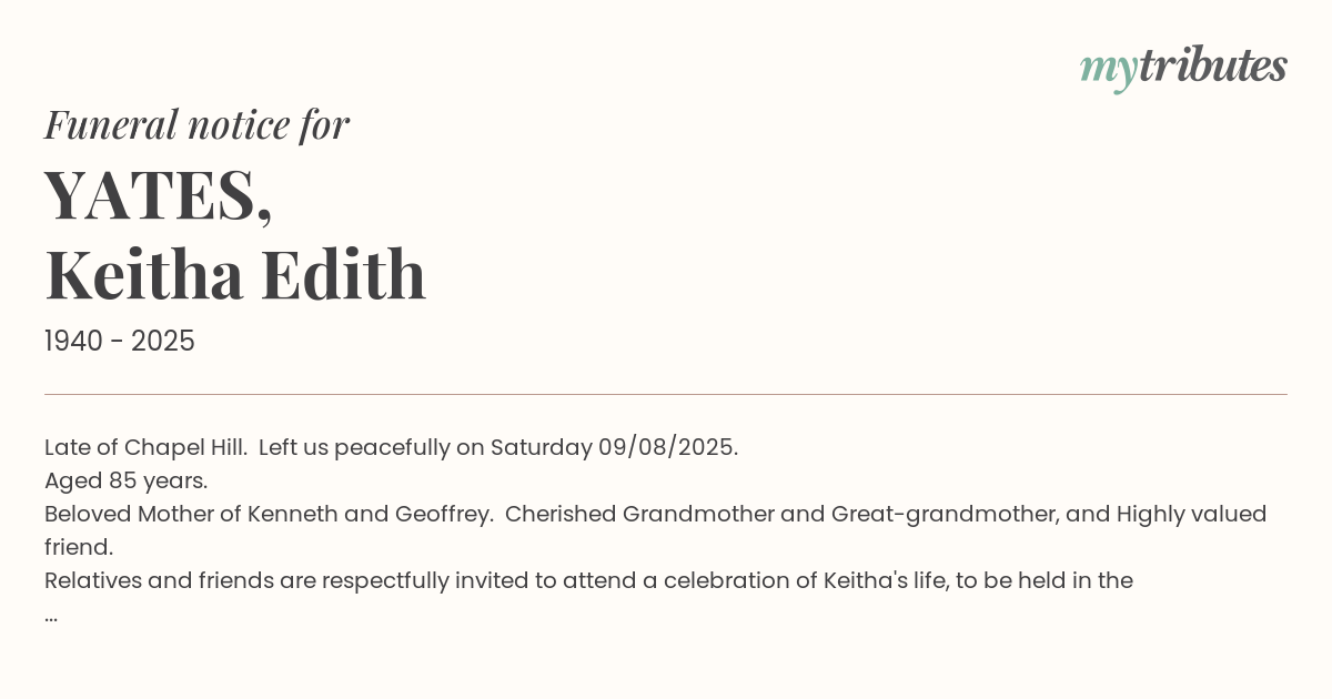 YATES, Keitha Edith | Funeral Notices | Brisbane | My Tributes