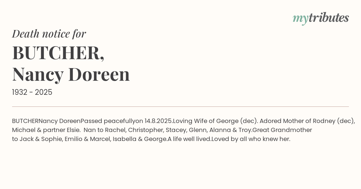 BUTCHER, Nancy Doreen | Death Notices | Geelong | My Tributes