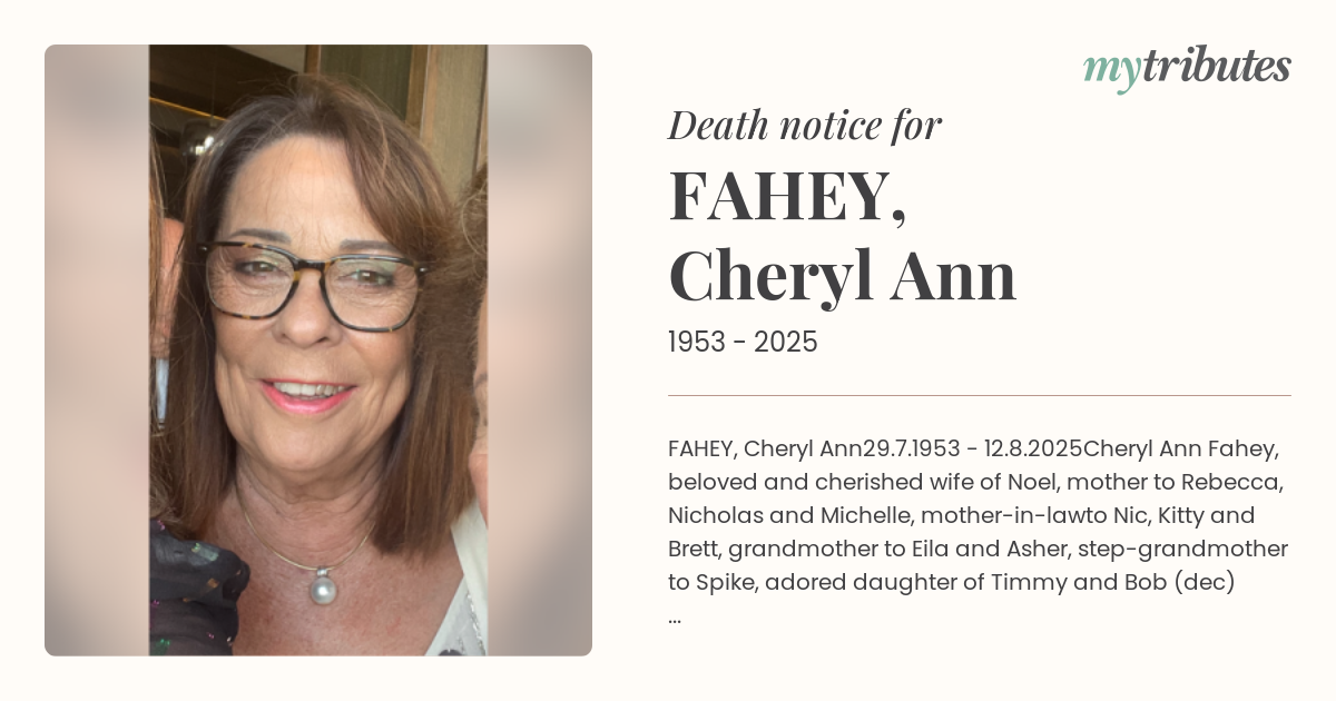 FAHEY, Cheryl Ann | Death Notices | Darwin | My Tributes