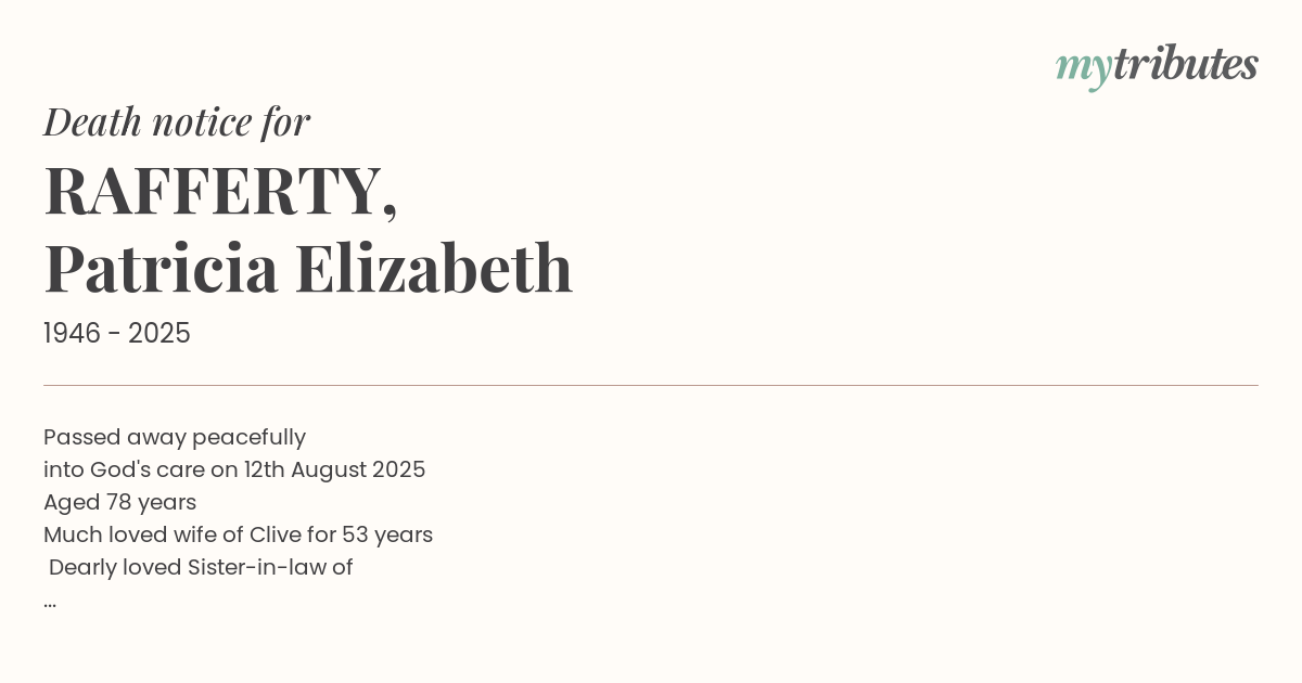 RAFFERTY, Patricia Elizabeth | Death Notices | Adelaide | My Tributes