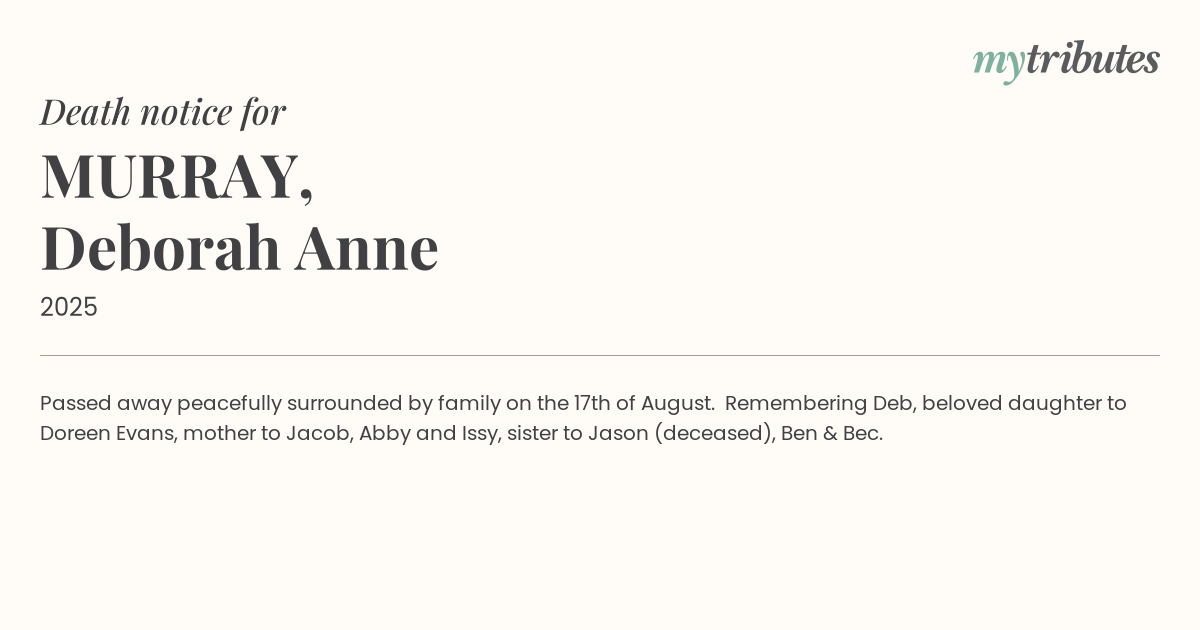 MURRAY, Deborah Anne | Death Notices | Adelaide | My Tributes