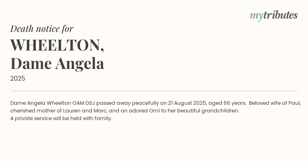 WHEELTON, Dame Angela | Death Notices | Melbourne | My Tributes