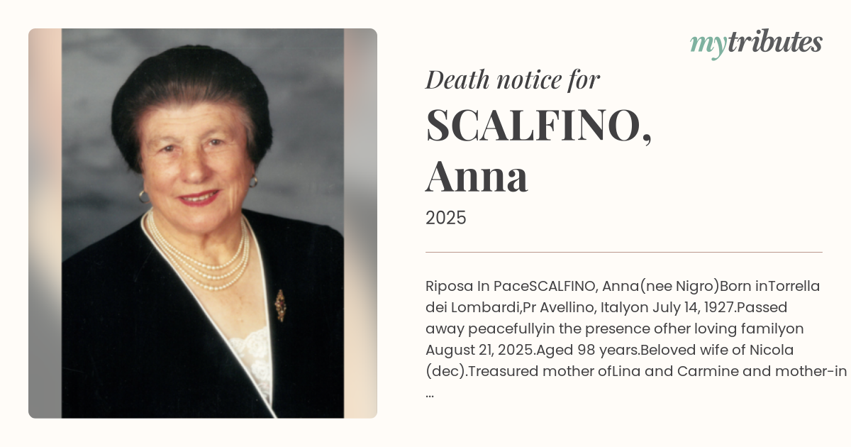 SCALFINO, Anna | Death Notices | Adelaide | The Mercury