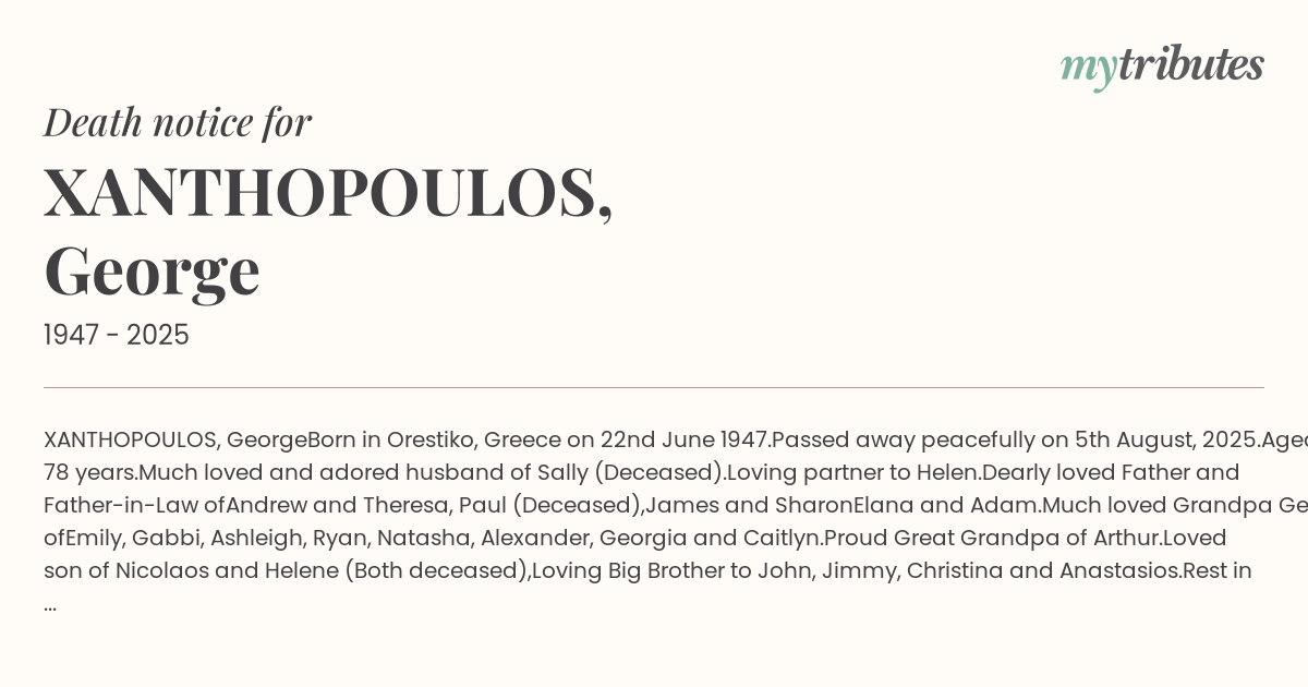XANTHOPOULOS, George | Death Notices | Adelaide | My Tributes