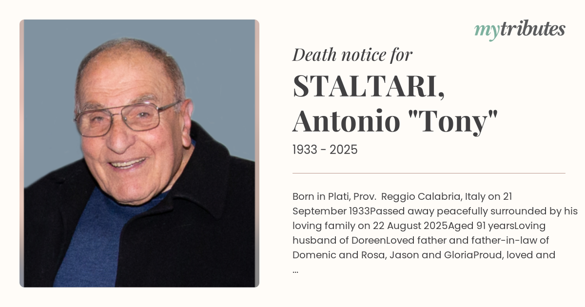 STALTARI, Antonio "Tony" | Death Notices | Adelaide | My Tributes