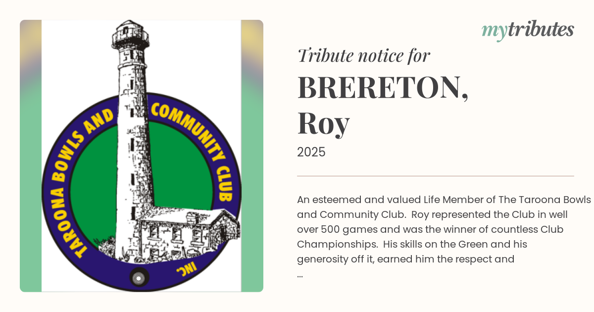 BRERETON, Roy | Tributes | Tasmania | Weekly Times Now