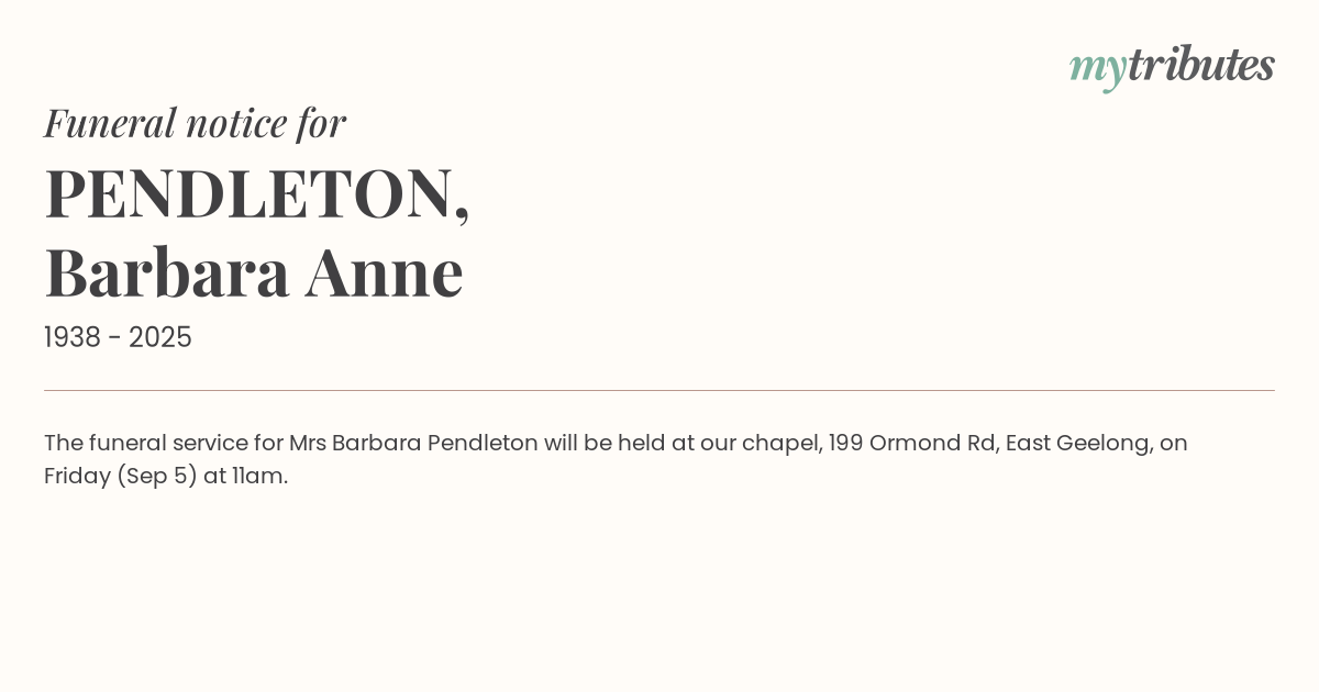 PENDLETON, Barbara Anne | Funeral Notices | Geelong | My Tributes