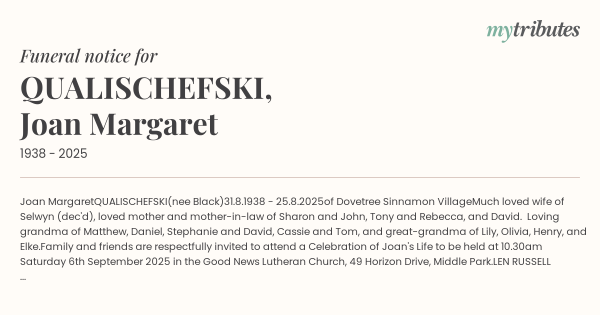 QUALISCHEFSKI, Joan Margaret | Funeral Notices | Brisbane | My Tributes