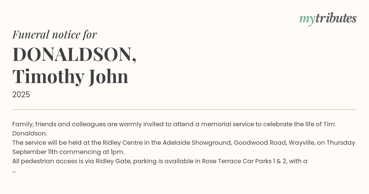DONALDSON, Timothy John | Funeral Notices | Adelaide | The Advertiser