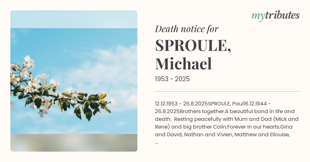 SPROULE, Michael | Death Notices | Tasmania | My Tributes