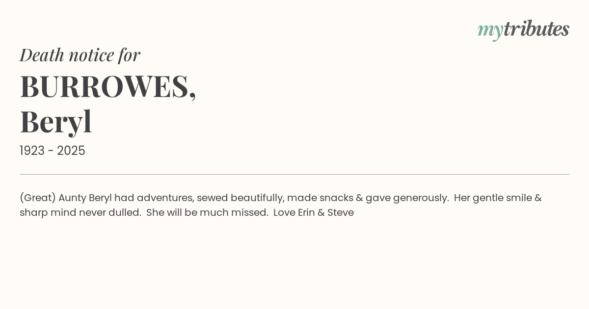 BURROWES, Beryl | Death Notices | Melbourne | My Tributes