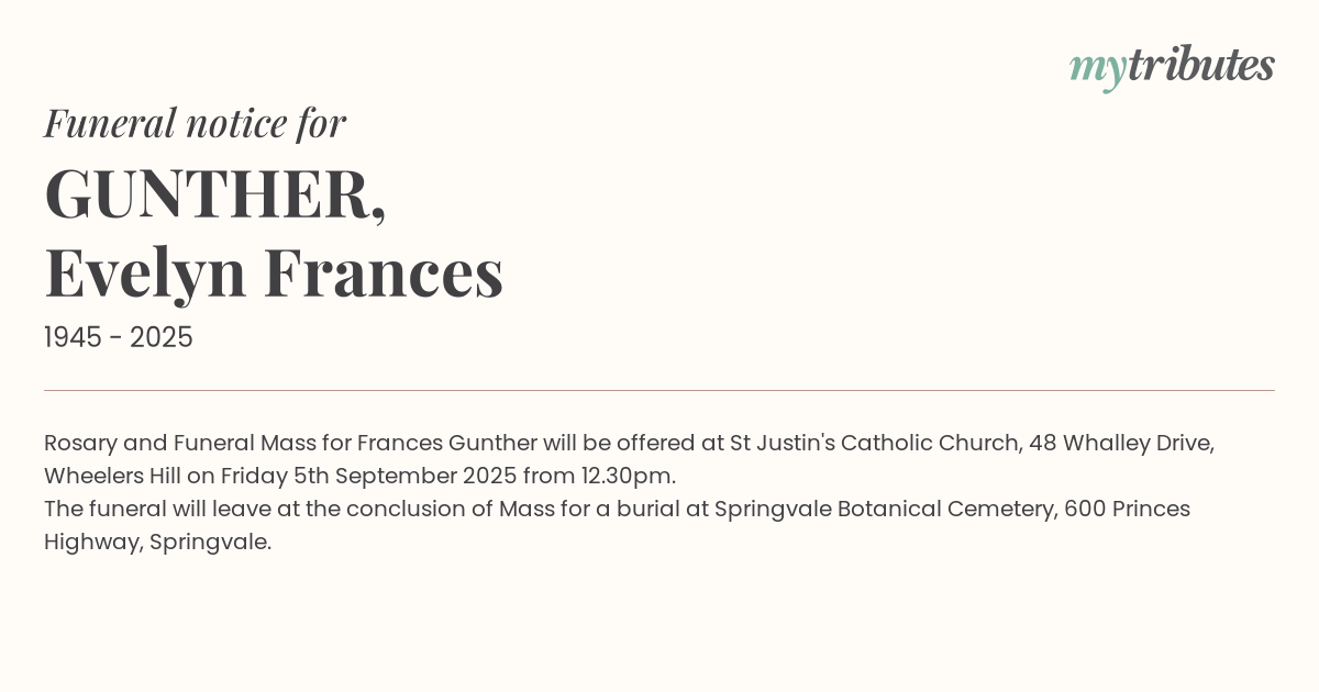 GUNTHER, Evelyn Frances | Funeral Notices | Melbourne | My Tributes
