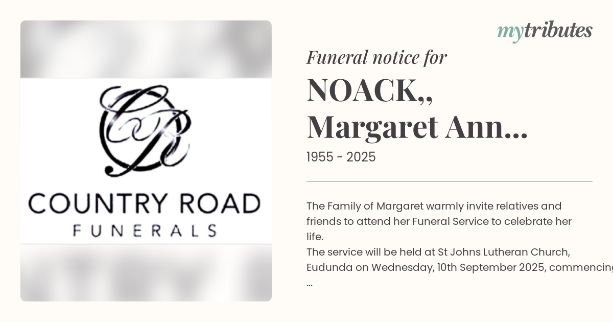 NOACK,, Margaret Ann (née Jaeschke) | Funeral Notices | Adelaide | My ...