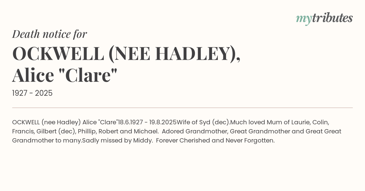 OCKWELL (NEE HADLEY), Alice "Clare" | Death Notices | Melbourne | My ...