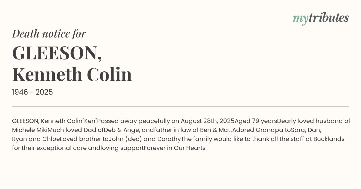GLEESON, Kenneth Colin | Death Notices | Adelaide | The Advertiser