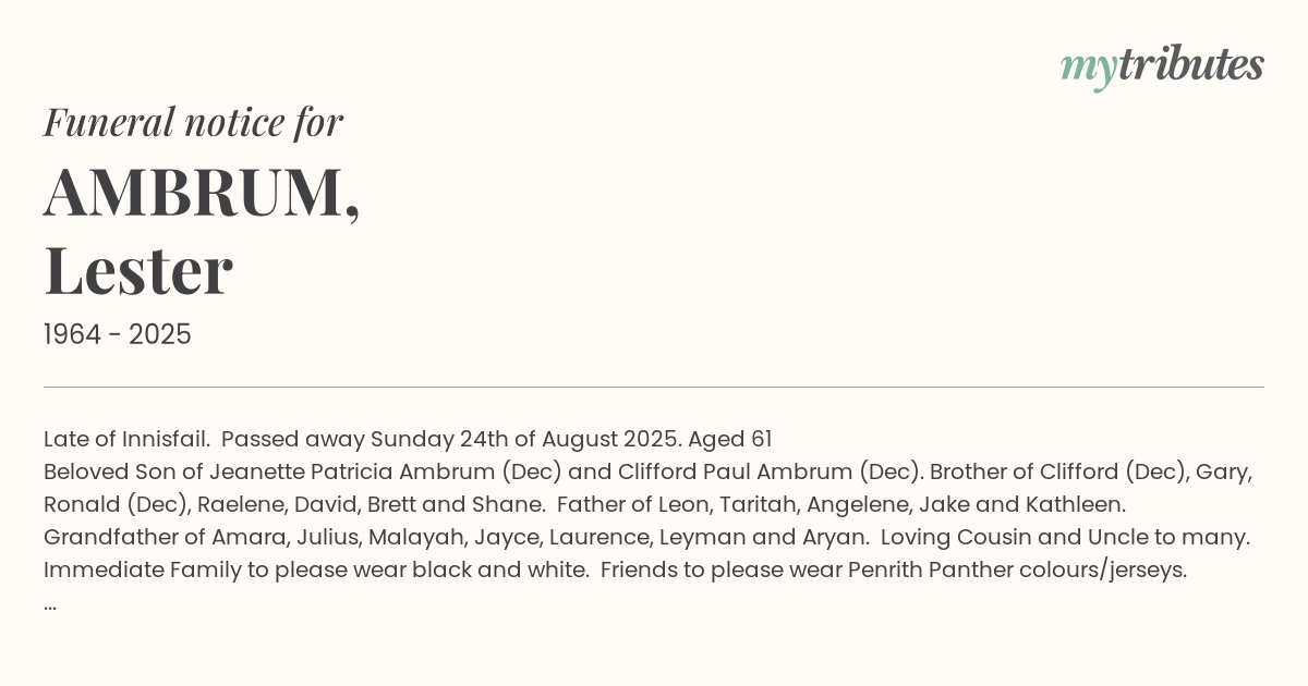 AMBRUM, Lester | Funeral Notices | Cairns | The Mercury