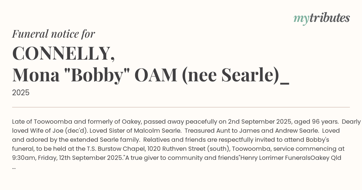 CONNELLY, Mona "Bobby" OAM (nee Searle)_ | Funeral Notices | Toowoomba ...