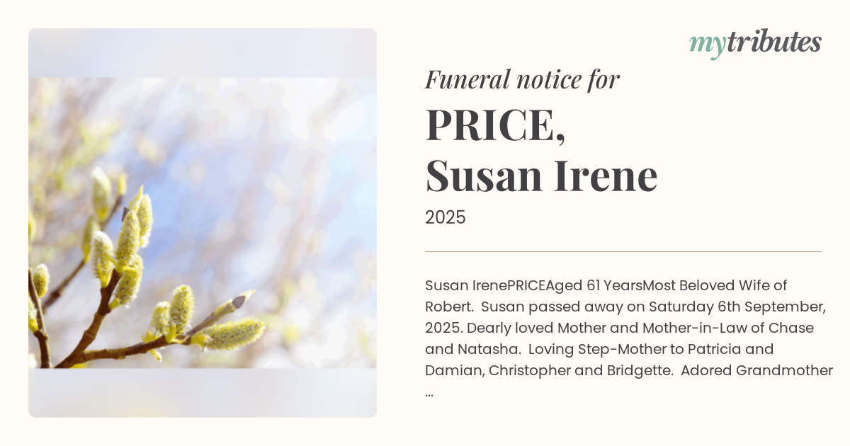 PRICE, Susan Irene | Funeral Notices | Townsville | My Tributes