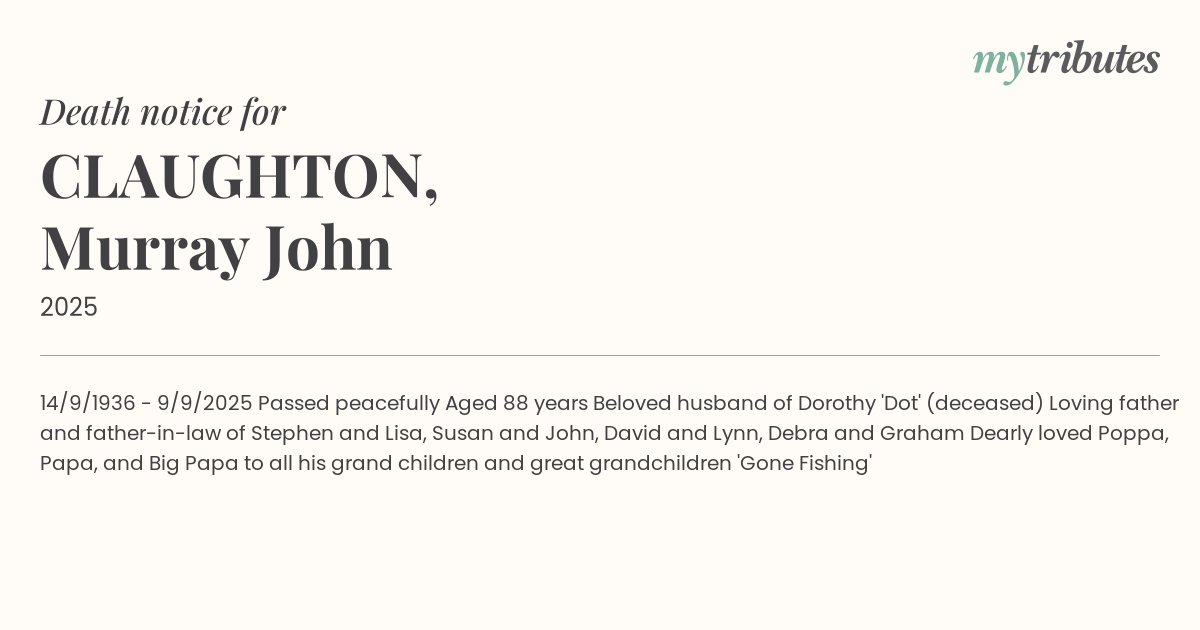 CLAUGHTON, Murray John | Death Notices | Adelaide | My Tributes