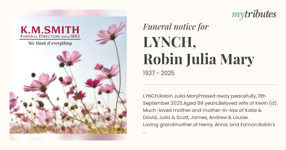 LYNCH, Robin Julia Mary | Funeral Notices | Brisbane | My Tributes