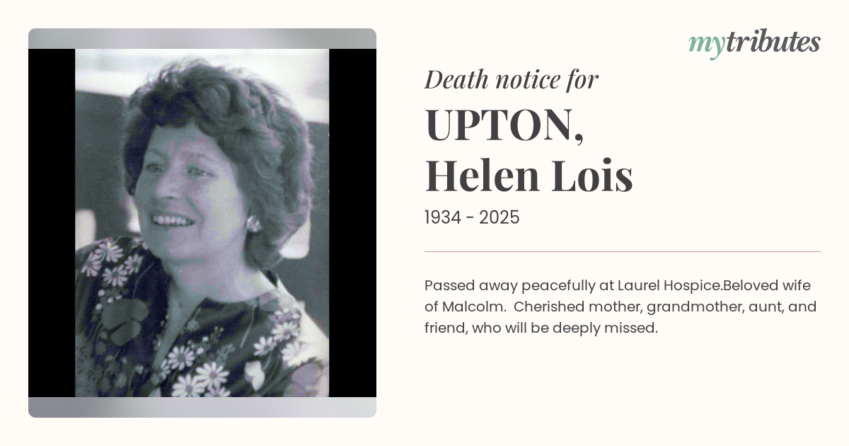 UPTON, Helen Lois | Death Notices | Adelaide | My Tributes