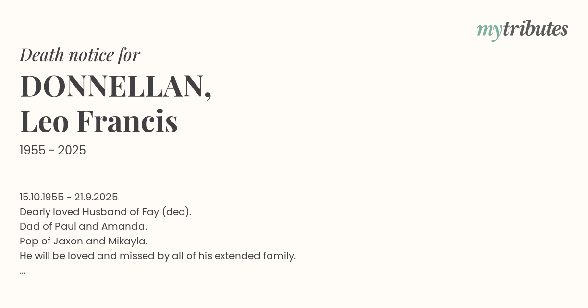 DONNELLAN, Leo Francis | Death Notices | Adelaide | My Tributes