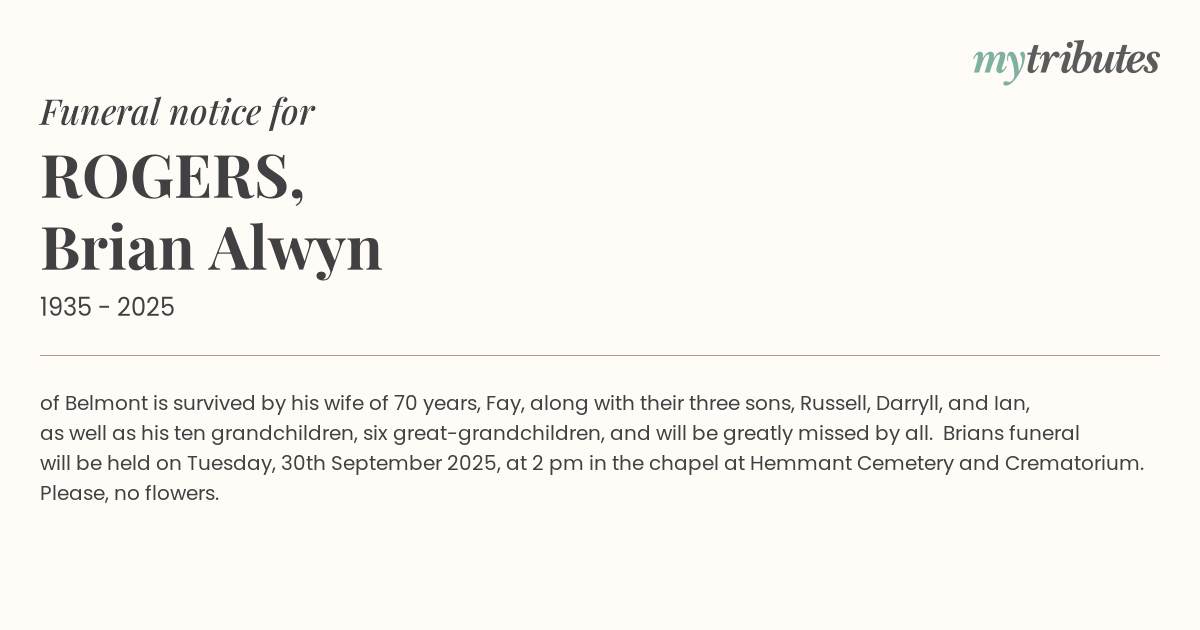 ROGERS, Brian Alwyn | Funeral Notices | Brisbane | Gold Coast Bulletin