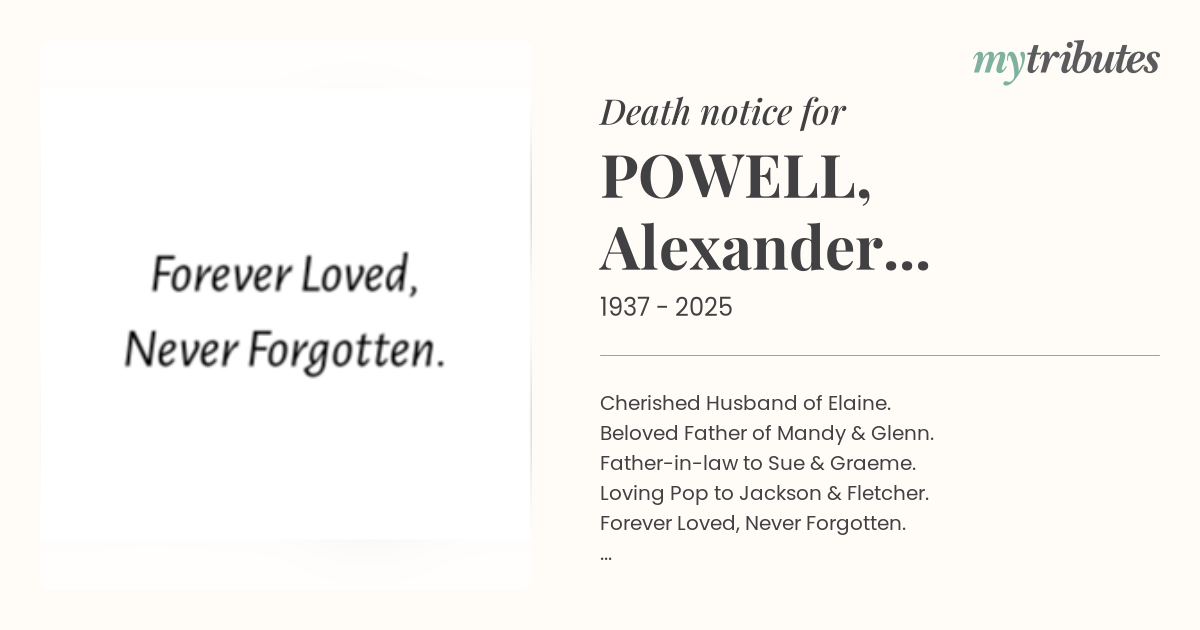 POWELL, Alexander Robert (Bob) | Death Notices | Melbourne | My Tributes