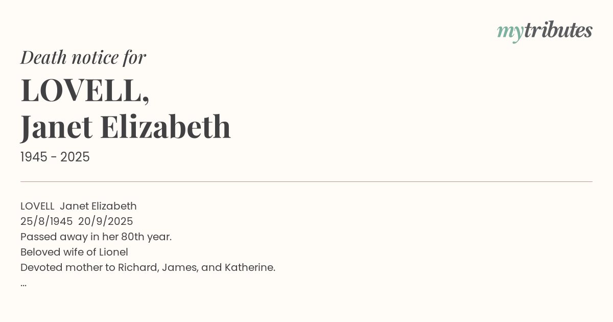 LOVELL, Janet Elizabeth | Death Notices | Adelaide | My Tributes