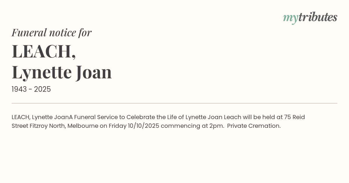 LEACH, Lynette Joan | Funeral Notices | Brisbane | My Tributes