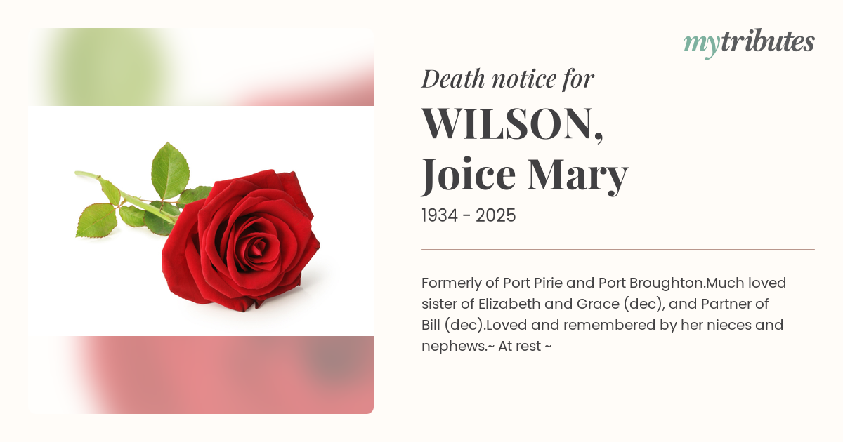 WILSON, Joice Mary | Death Notices | Adelaide | My Tributes