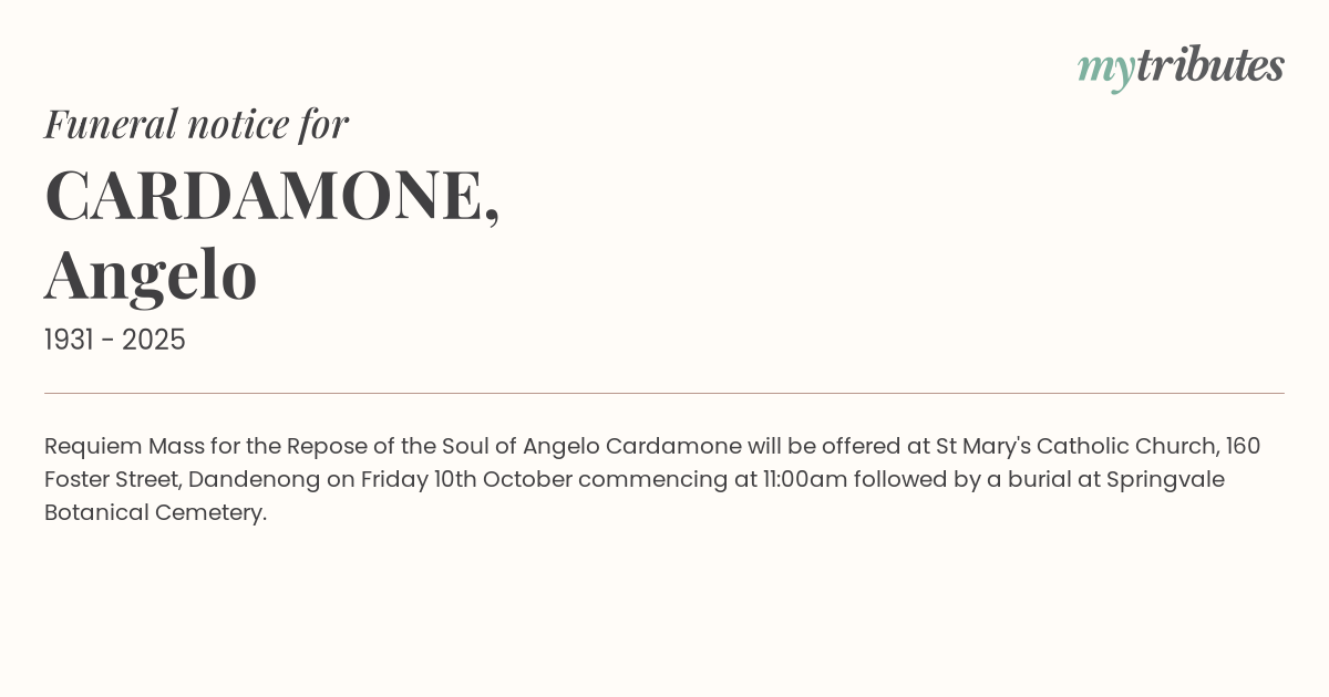 CARDAMONE, Angelo | Funeral Notices | Melbourne | My Tributes
