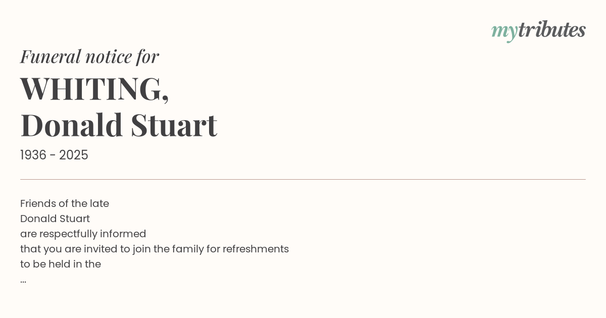 WHITING, Donald Stuart | Funeral Notices | Adelaide | Gold Coast Bulletin