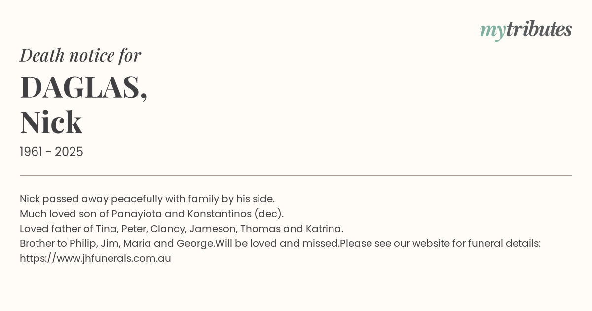 DAGLAS, Nick | Death Notices | Geelong | My Tributes