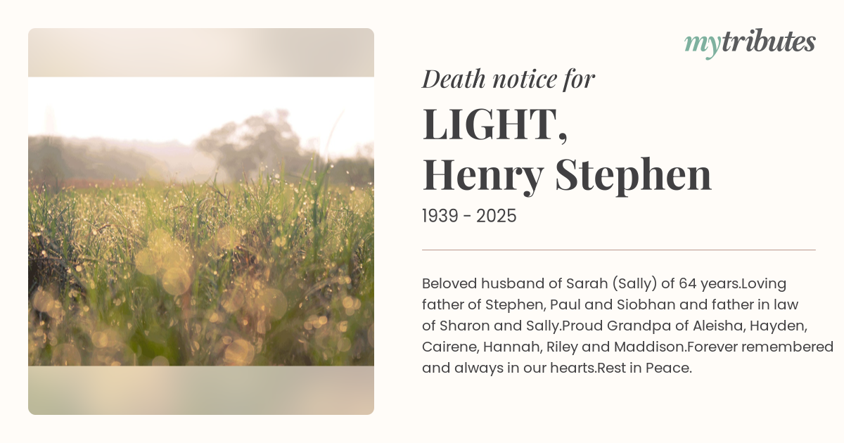 LIGHT, Henry Stephen | Death Notices | Melbourne | My Tributes