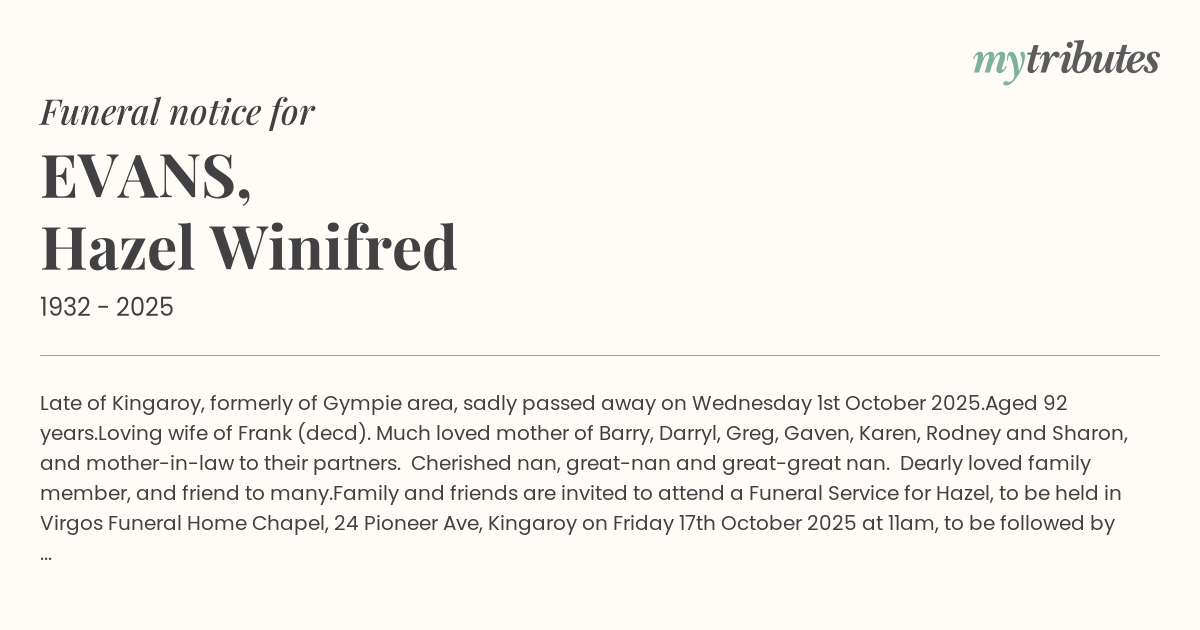 EVANS, Hazel Winifred | Funeral Notices | Brisbane | My Tributes