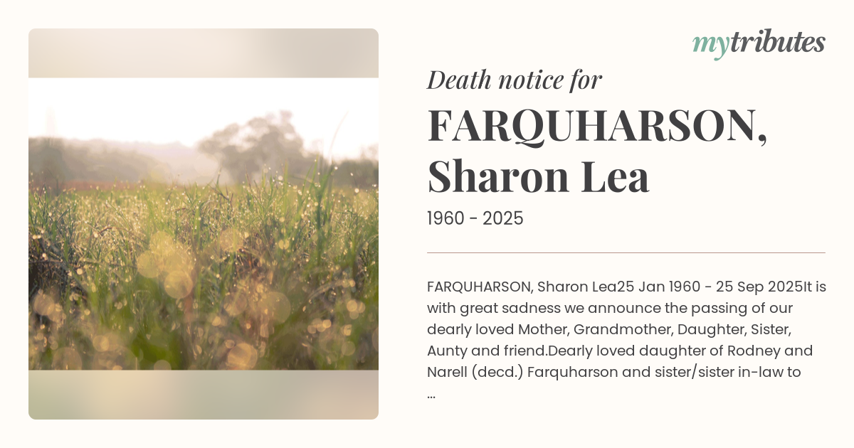 FARQUHARSON, Sharon Lea | Death Notices | Toowoomba / Gatton | My Tributes