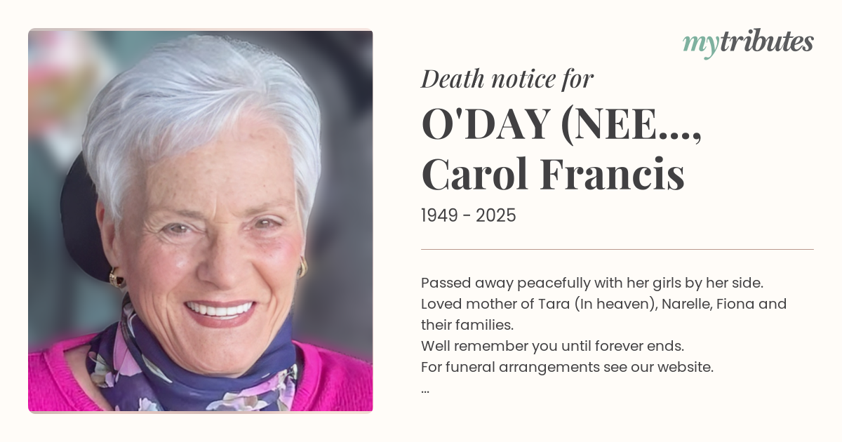 O'DAY (NEE HUTCHINS), Carol Francis | Death Notices | Melbourne | My ...