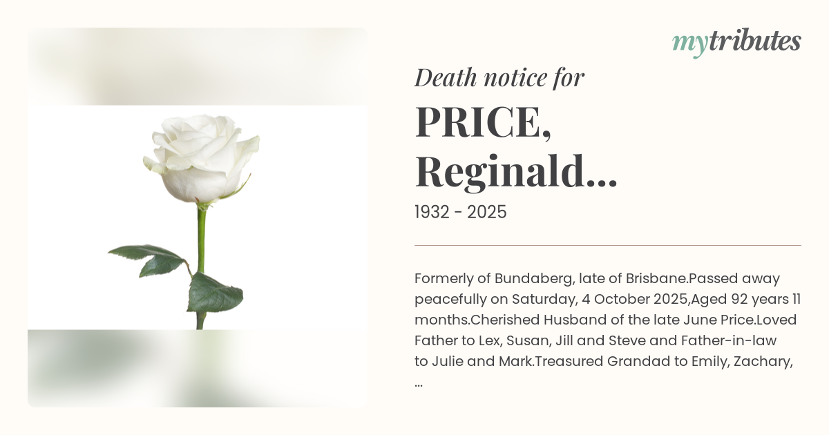 PRICE, Reginald Arthur 'Reg' | Death Notices | Brisbane | My Tributes