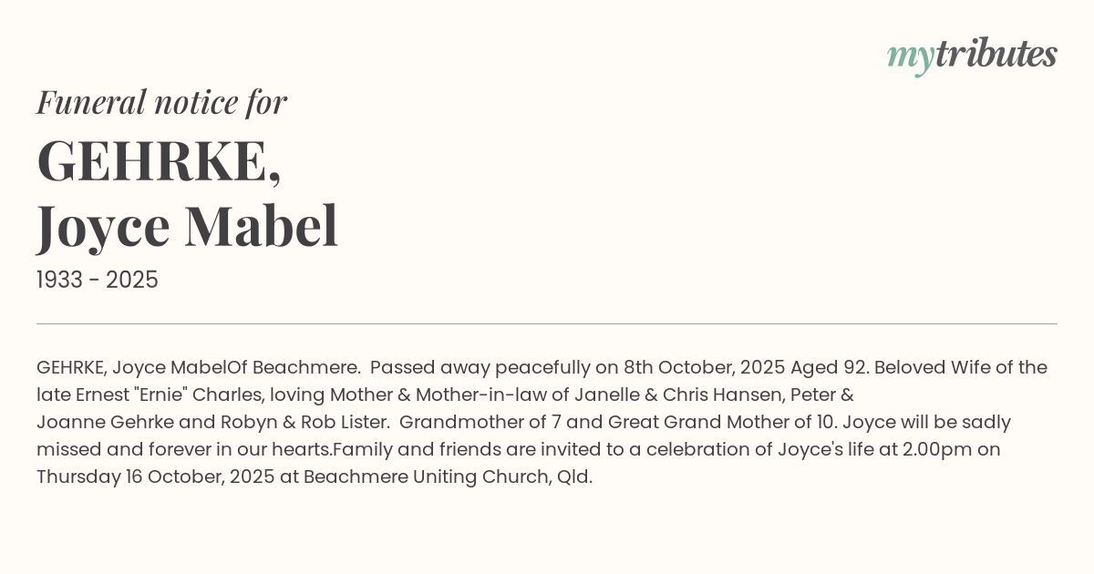 GEHRKE, Joyce Mabel | Funeral Notices | Brisbane | My Tributes