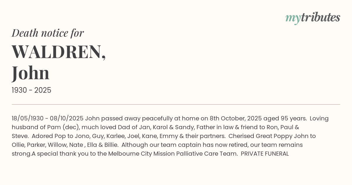 WALDREN, John | Death Notices | Melbourne | My Tributes