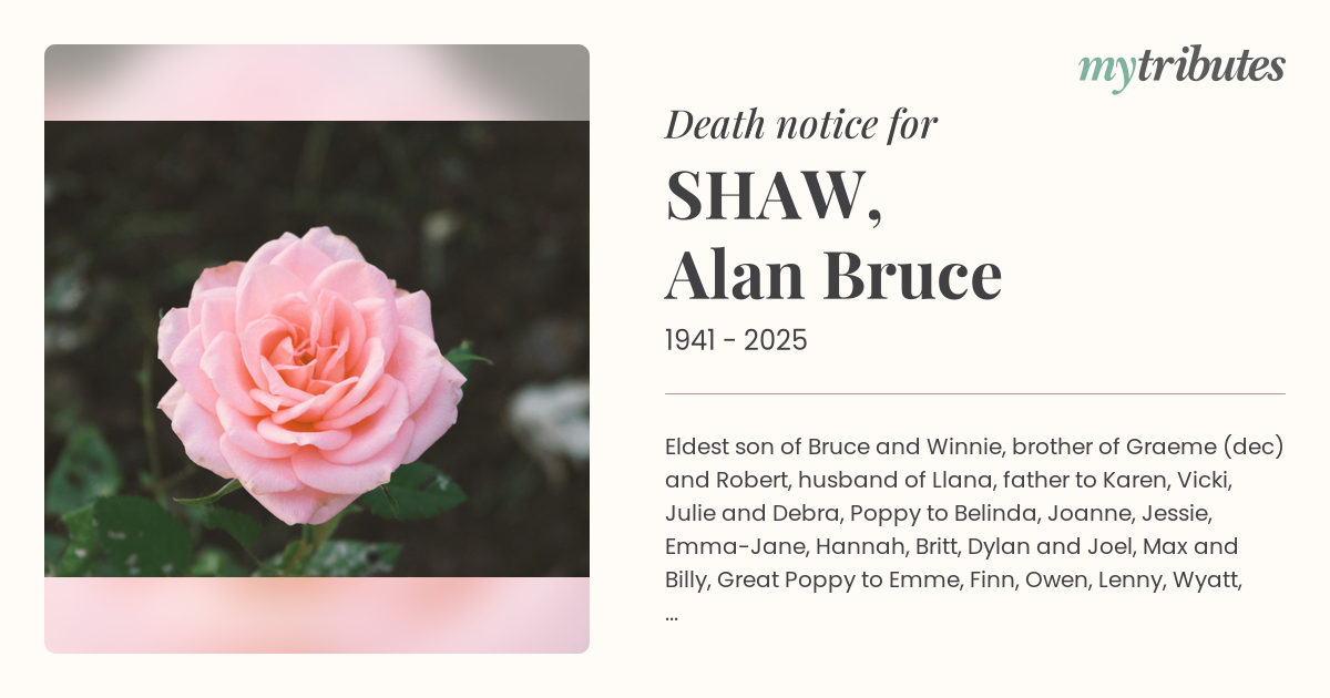 SHAW, Alan Bruce | Death Notices | Melbourne | My Tributes